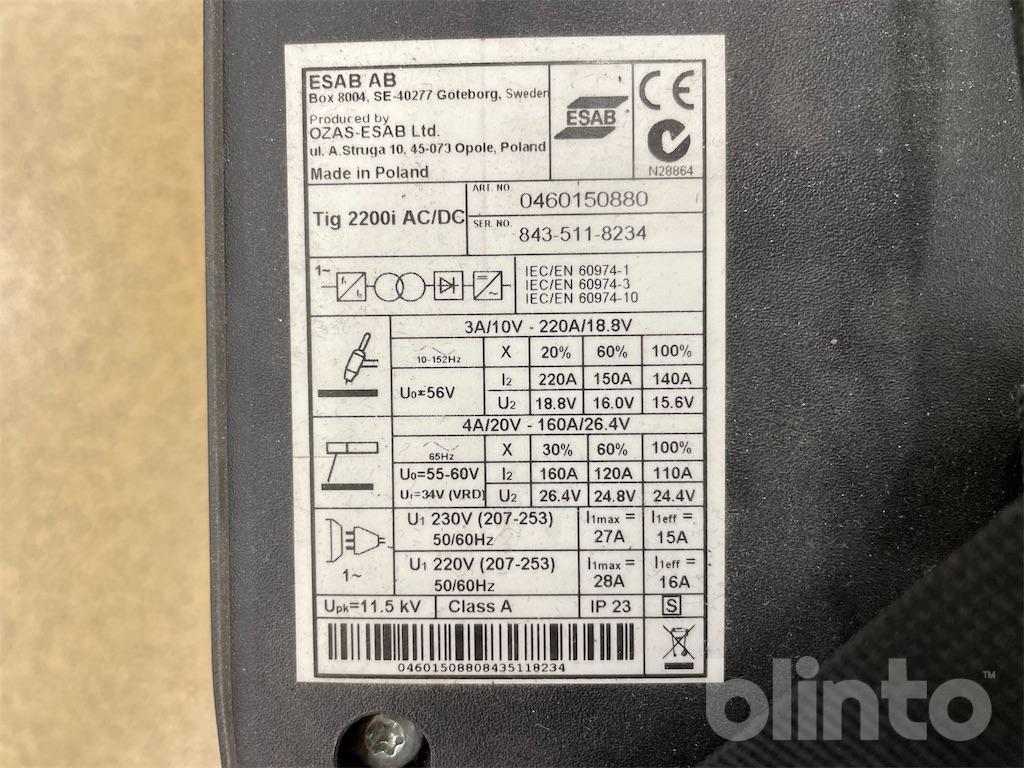 Svets - Esab tig 2200 AC/DC | Blinto auktioner