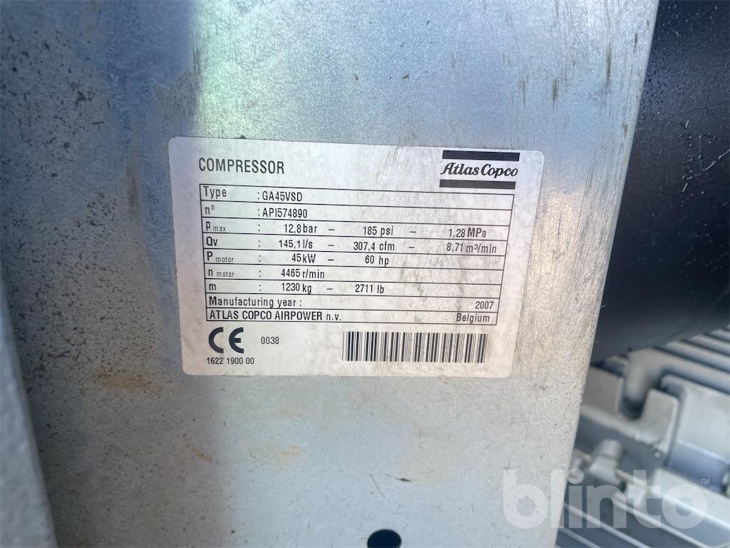 Skruvkompressor - Atlas Copco GA45 VSD FF | Blinto auktioner